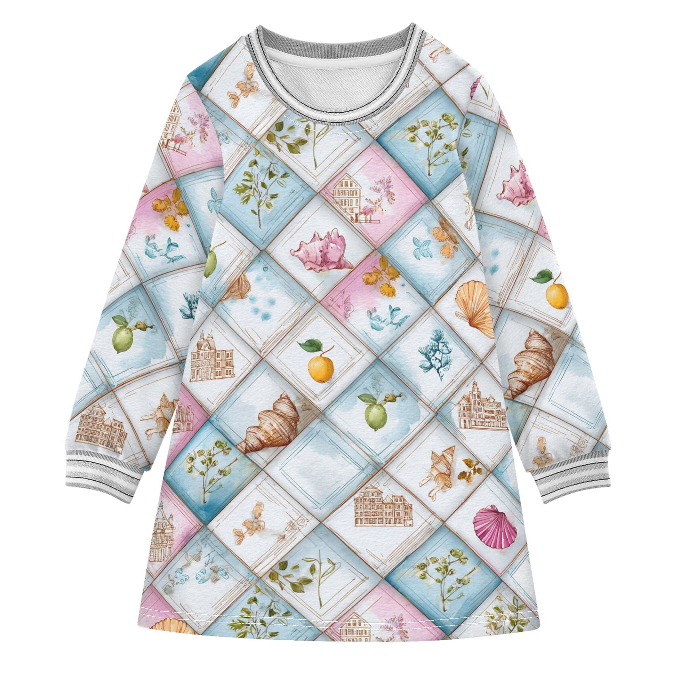 Girls' long-sleeved dress Abstract Retro Girls' A-line dress with ...