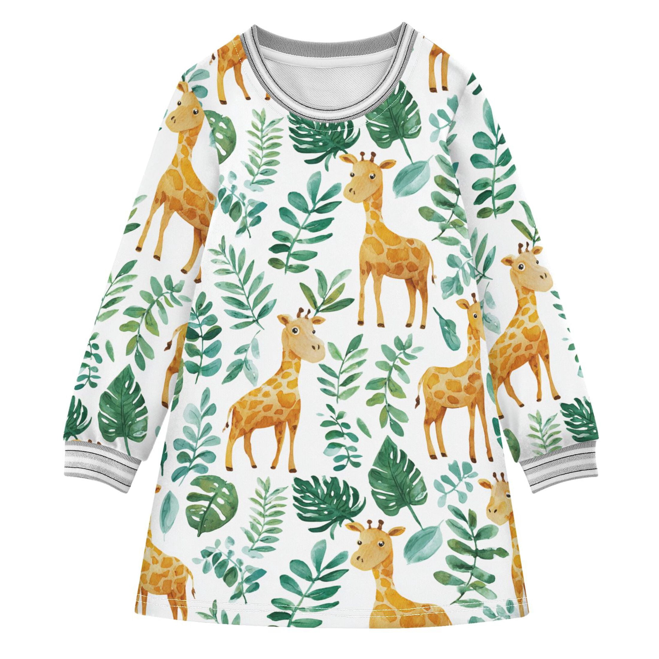 Girls' long-sleeved dress Cute Giraffe Girls' A-line dress with ribbed ...