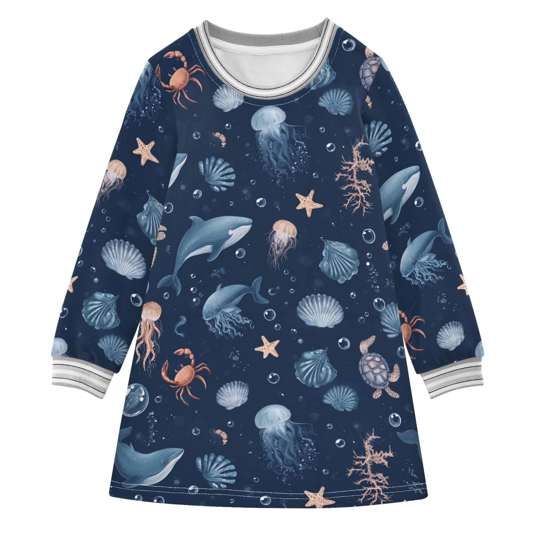 Girls' long-sleeved dress Cute Marine Creatures Girls' A-line dress ...