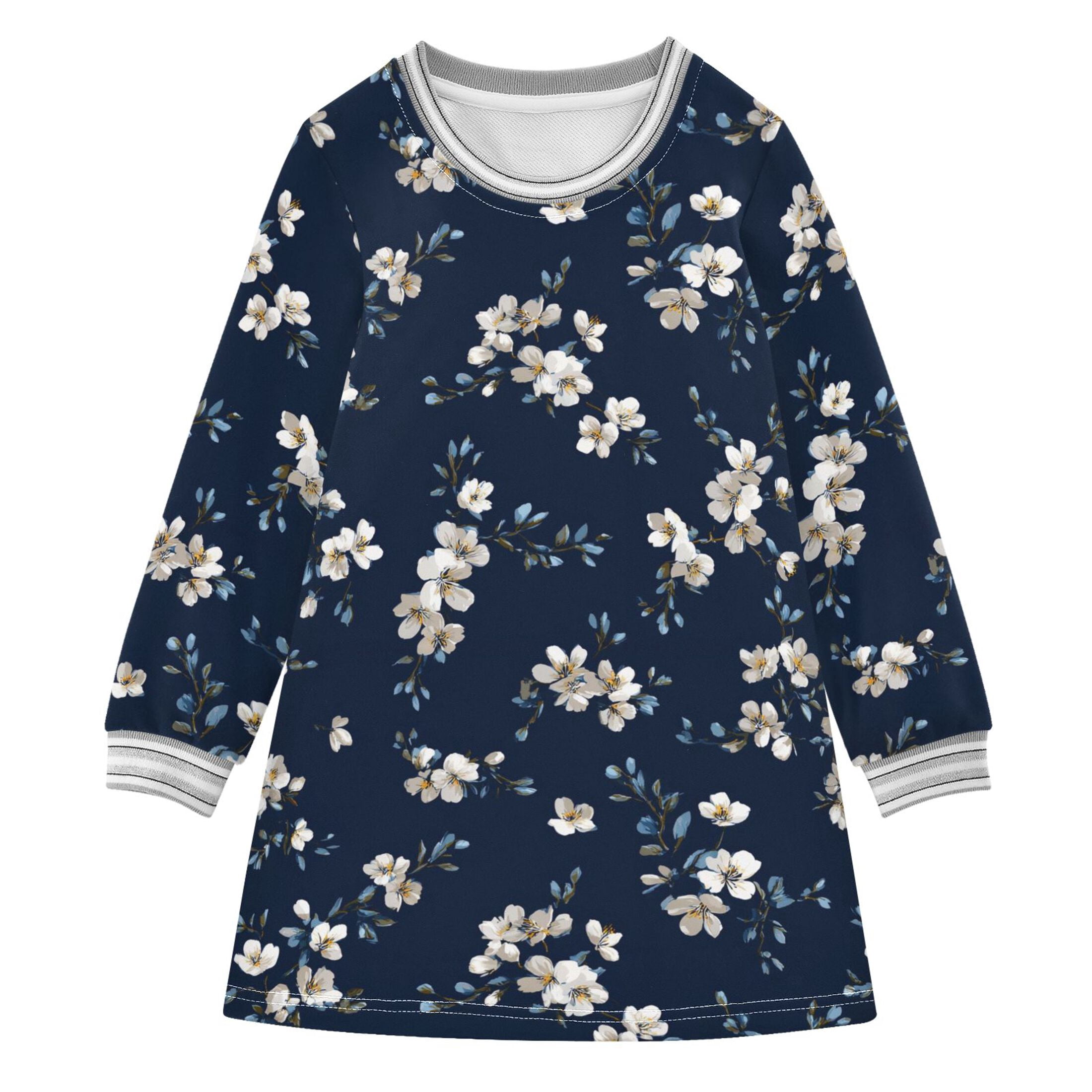 Girls' long-sleeved dress Floral Navy Girls' A-line dress with ribbed ...