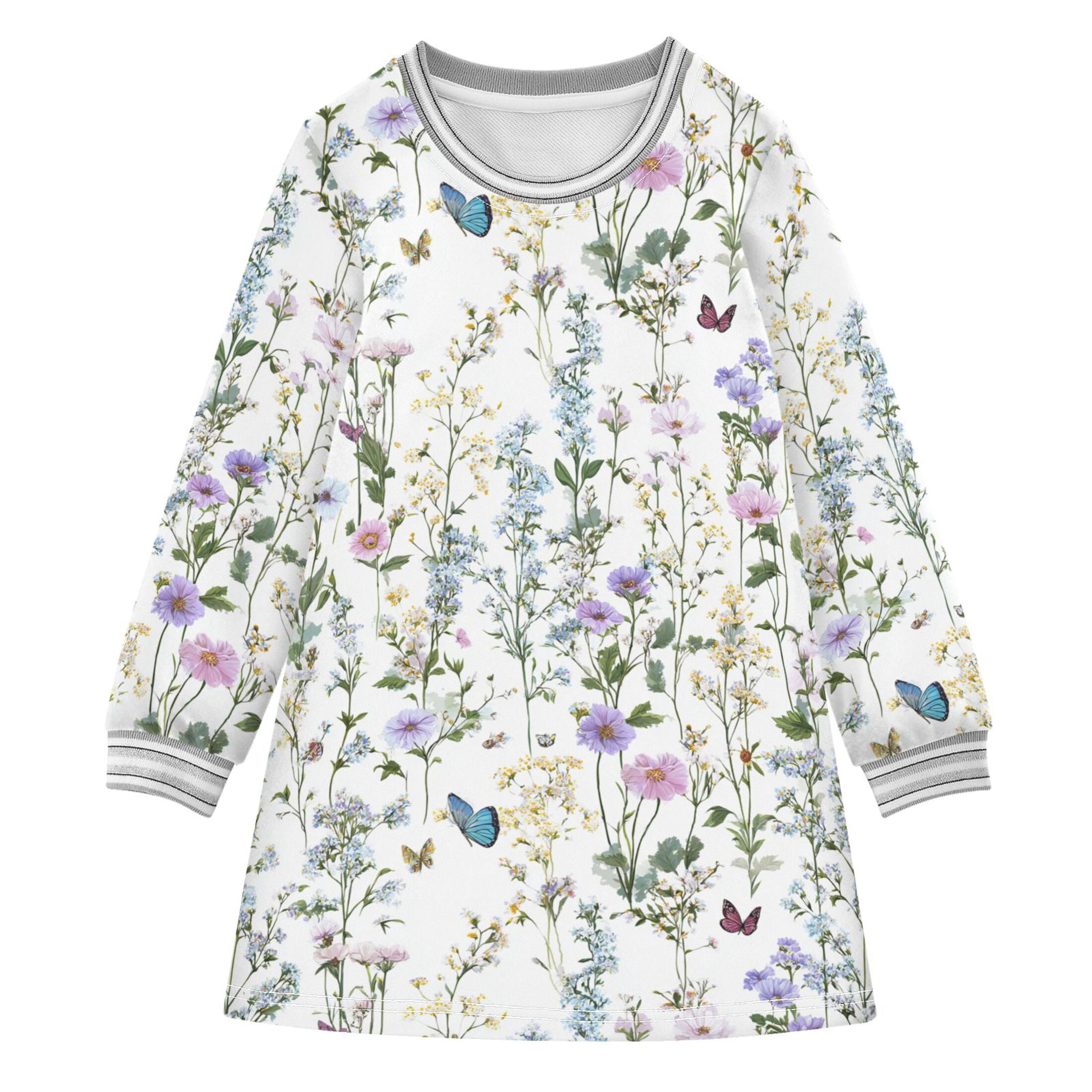 Girls' long-sleeved dress Flowers and Butterflies Girls' A-line dress ...