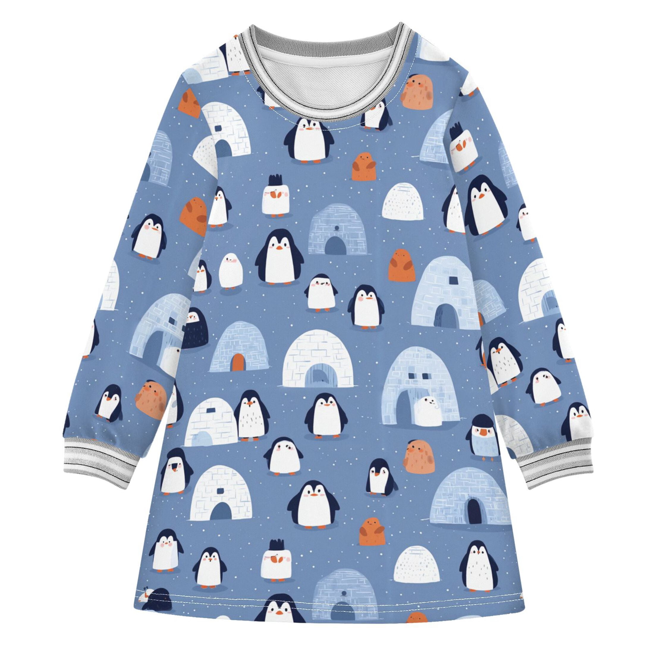 Girls' long-sleeved dress Igloo Penguin Girls' A-line dress with ribbed ...