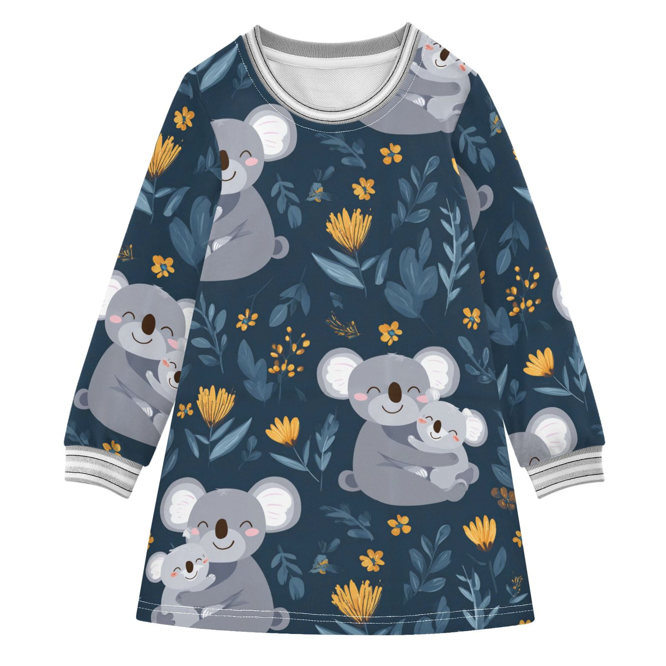 Girls' long-sleeved dress Koalas and Flowers Girls' A-line dress with ribbed cuffs Soft and ...