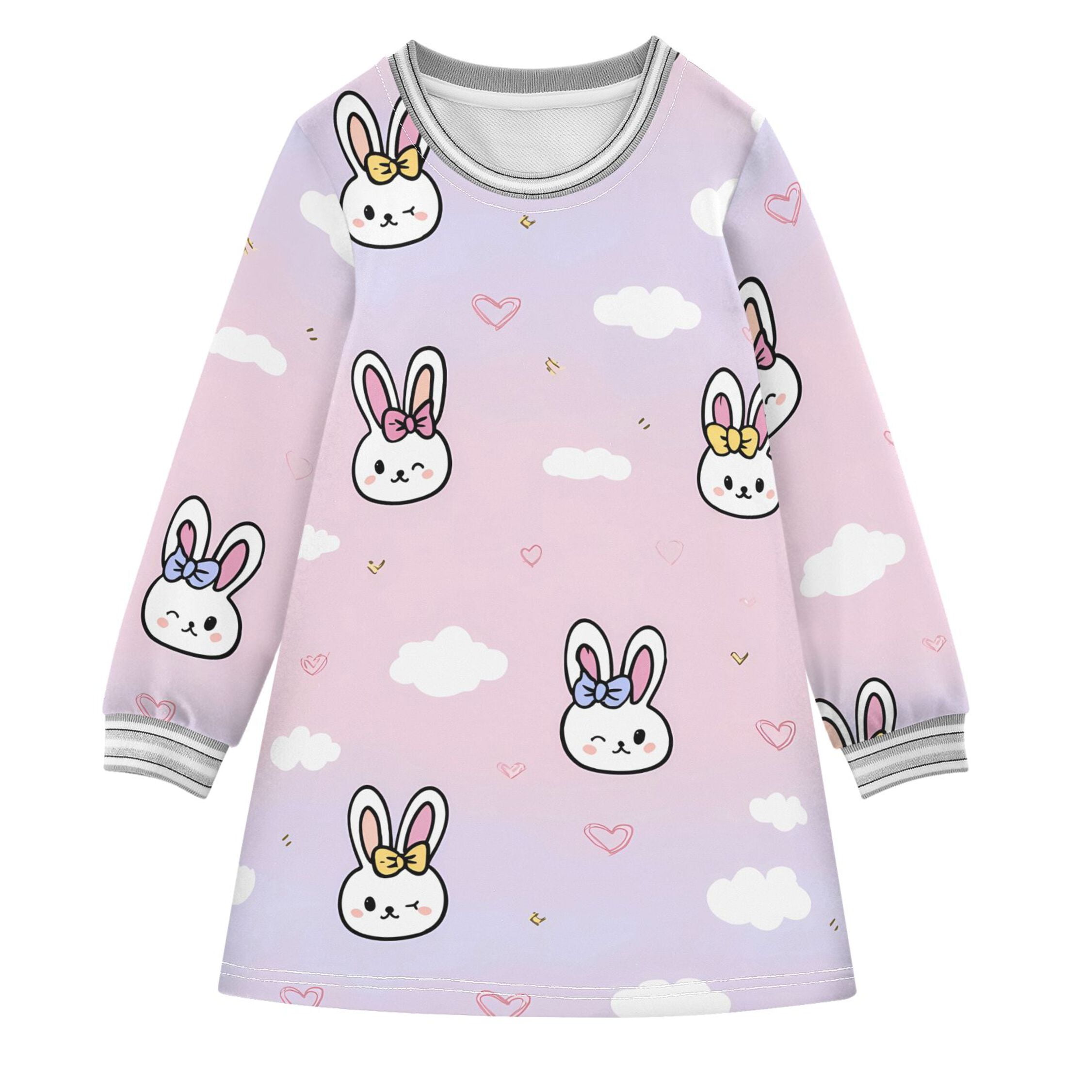 Girls' long-sleeved dress Rabbit Head Heart Girls' A-line dress with ...