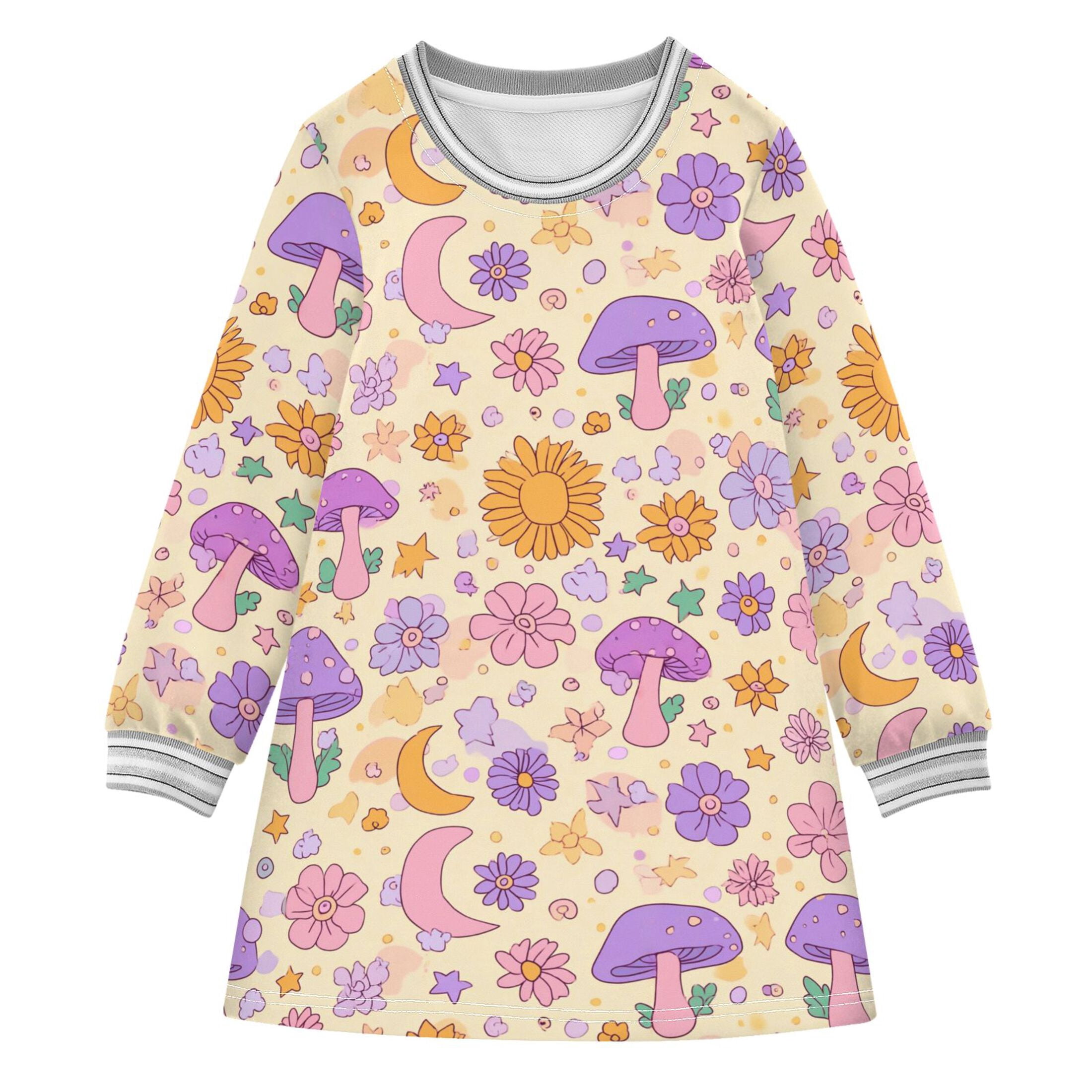 Girls' long-sleeved dress Retro Mushrooms Girls' A-line dress with ...