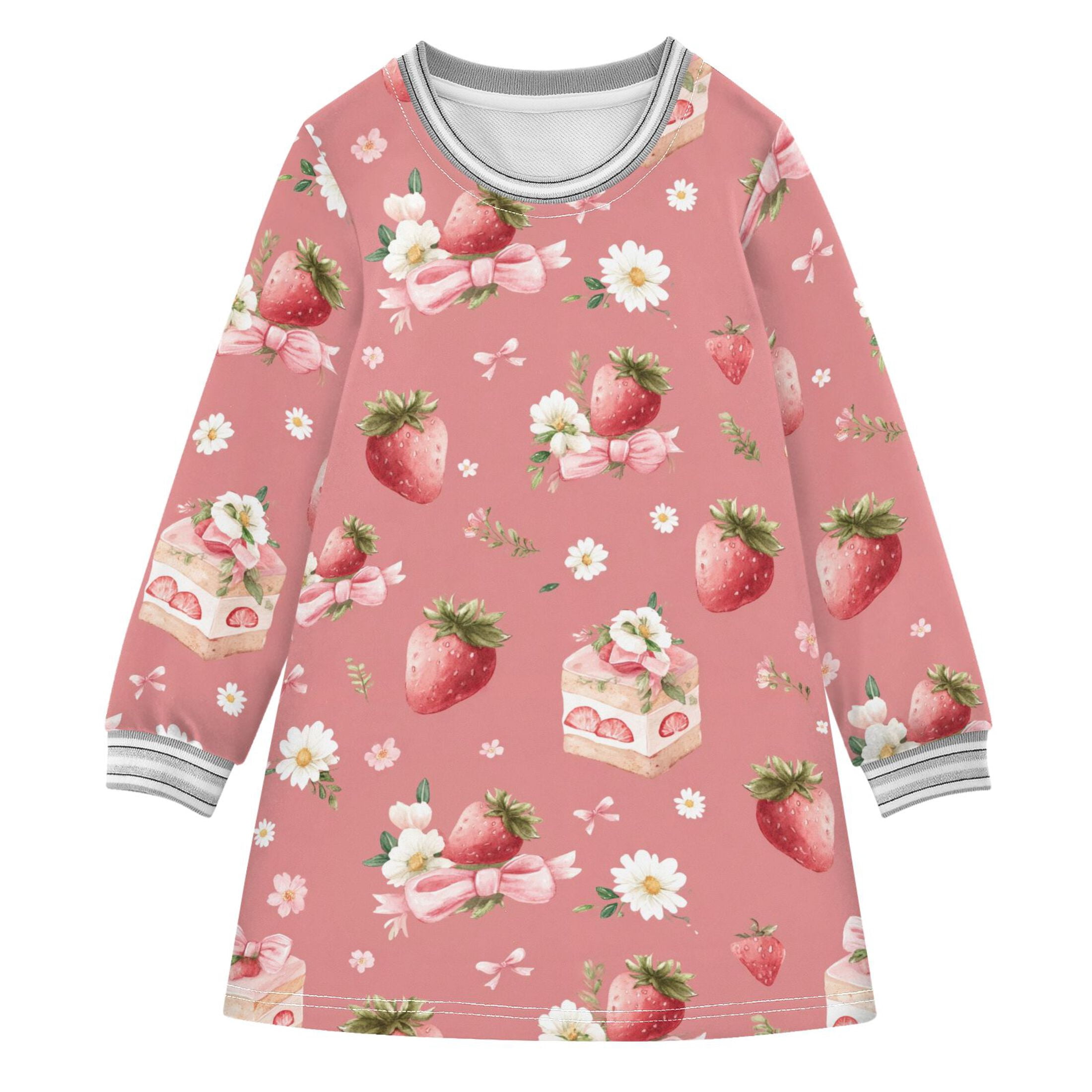 Girls' long-sleeved dress Strawberry Cake Bow Pattern Girls' A-line ...