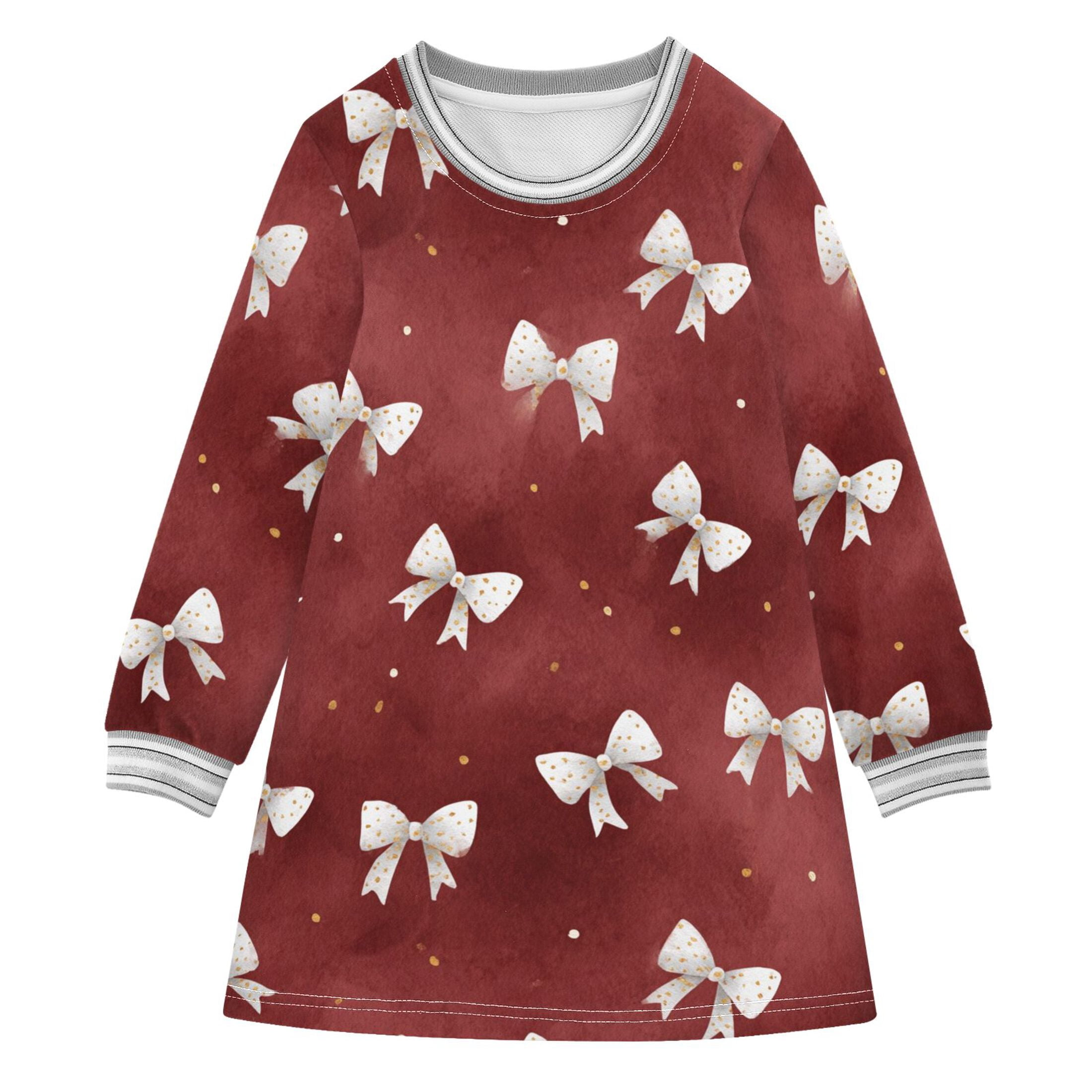 Girls' long-sleeved dress White Bow Girls' A-line dress with ribbed ...