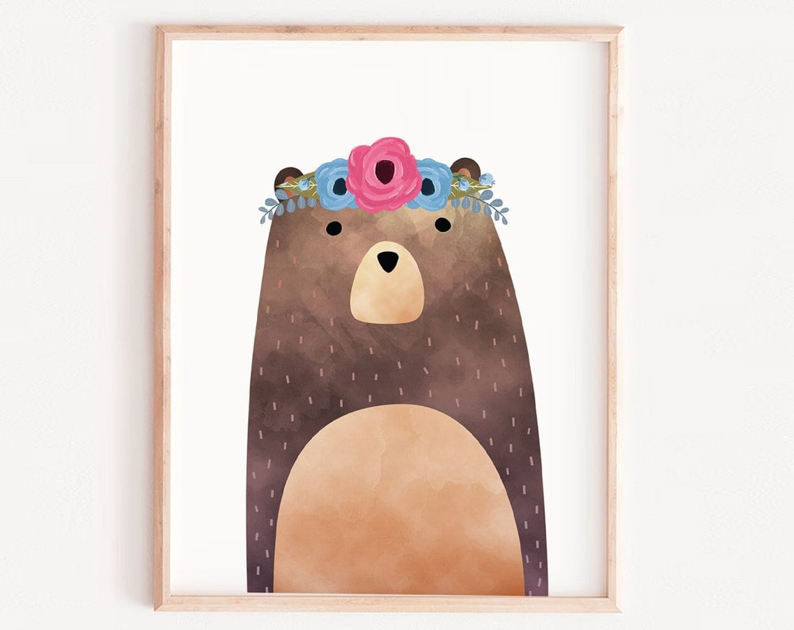 Girly Bear Wall Art, Bear Decor, Grizzly Bear Art, Nursery Art, Floral Bear, Woodlands Decor ...