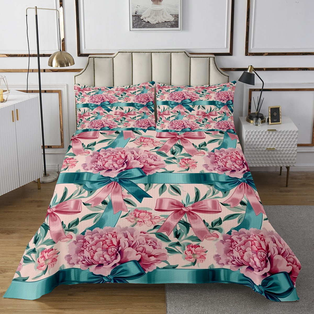 Girly Bowknot Bedspread Set Queen Size,Groovy Flower Floral Coverlet ...