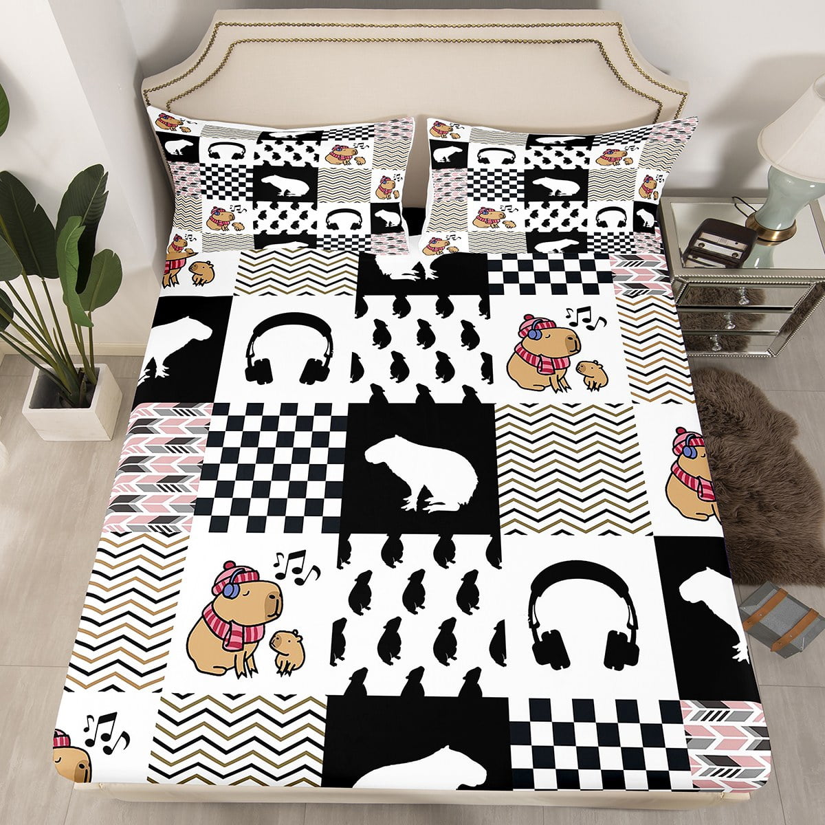 Girly Capybara Bed Set Full Size Cartoon Capybara Listening To The ...