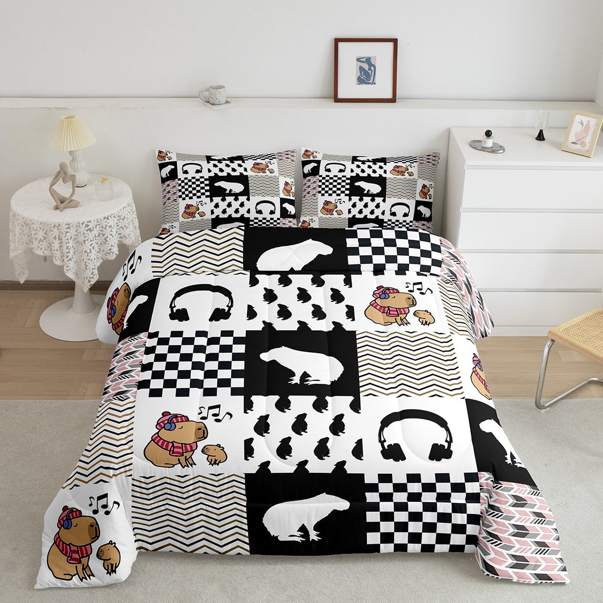 Girly Capybara Bedding Full Size Cartoon Capybara Listening To The ...