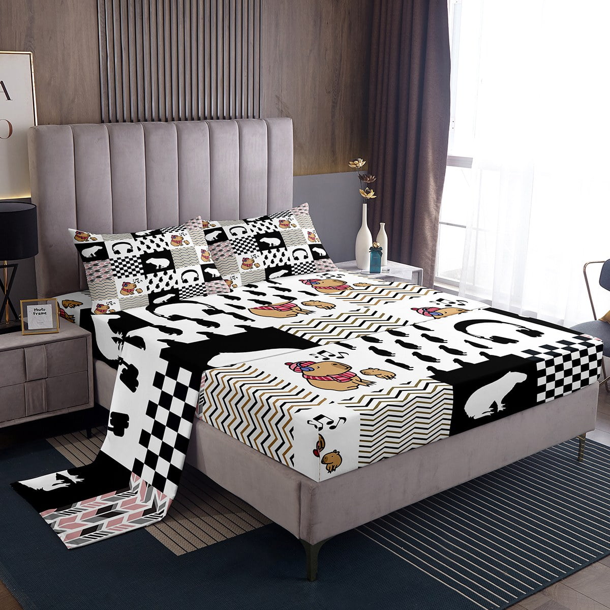 Girly Capybara Sheet Set Twin Size Cartoon Capybara Listening To The ...