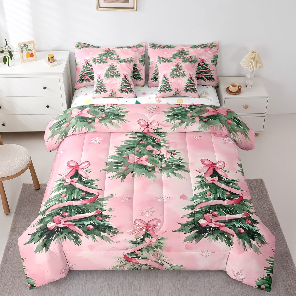 Girly Christmas Tree Bedding Comforter Sets 7 Pieces Dreamy Pink ...
