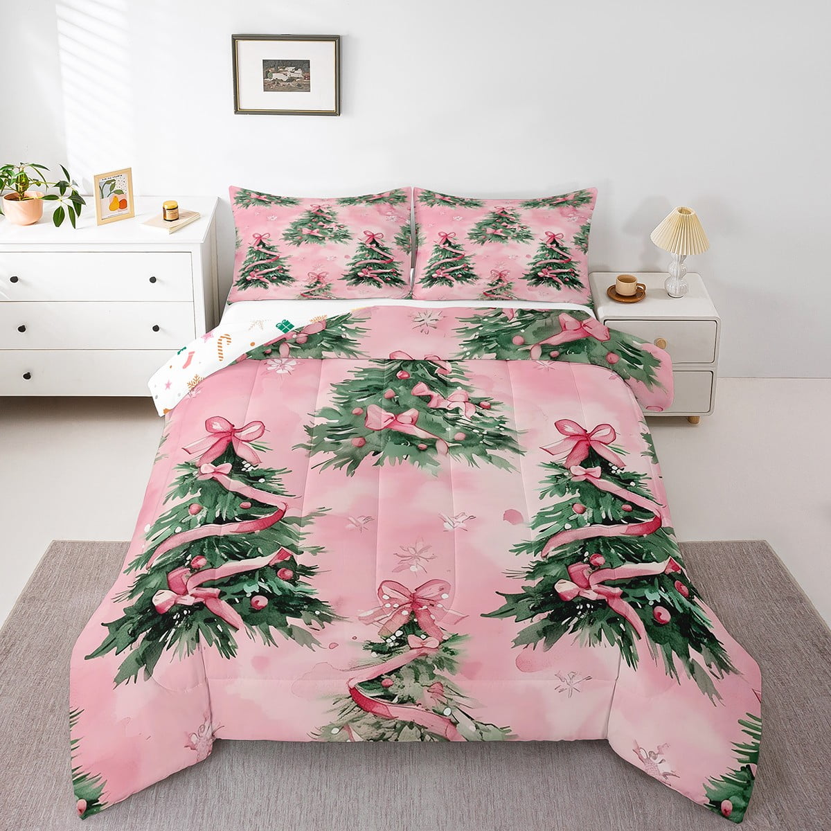 Girly Christmas Tree Full Comforter Set Dreamy Pink Bowknots Bedding ...