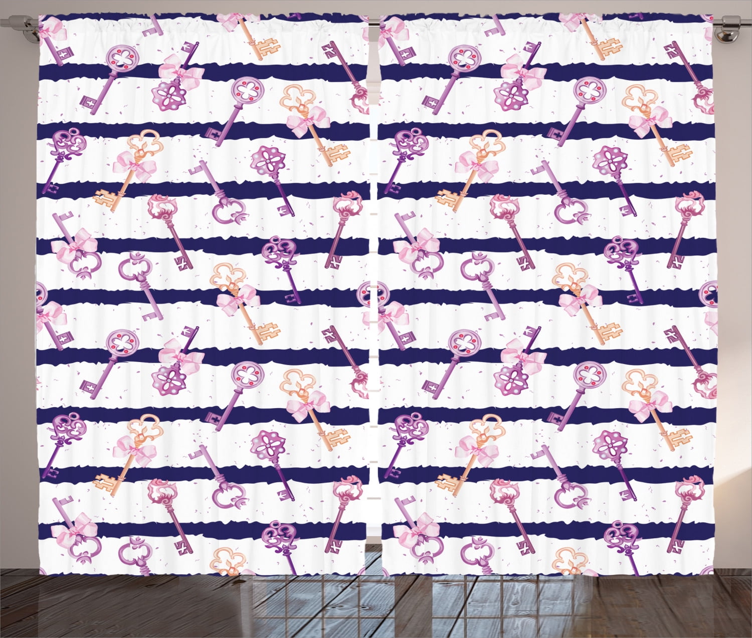 Ambesonne Retro Curtains 2 Panel Set, Vintage Keys and Ribbon, 108" x ...