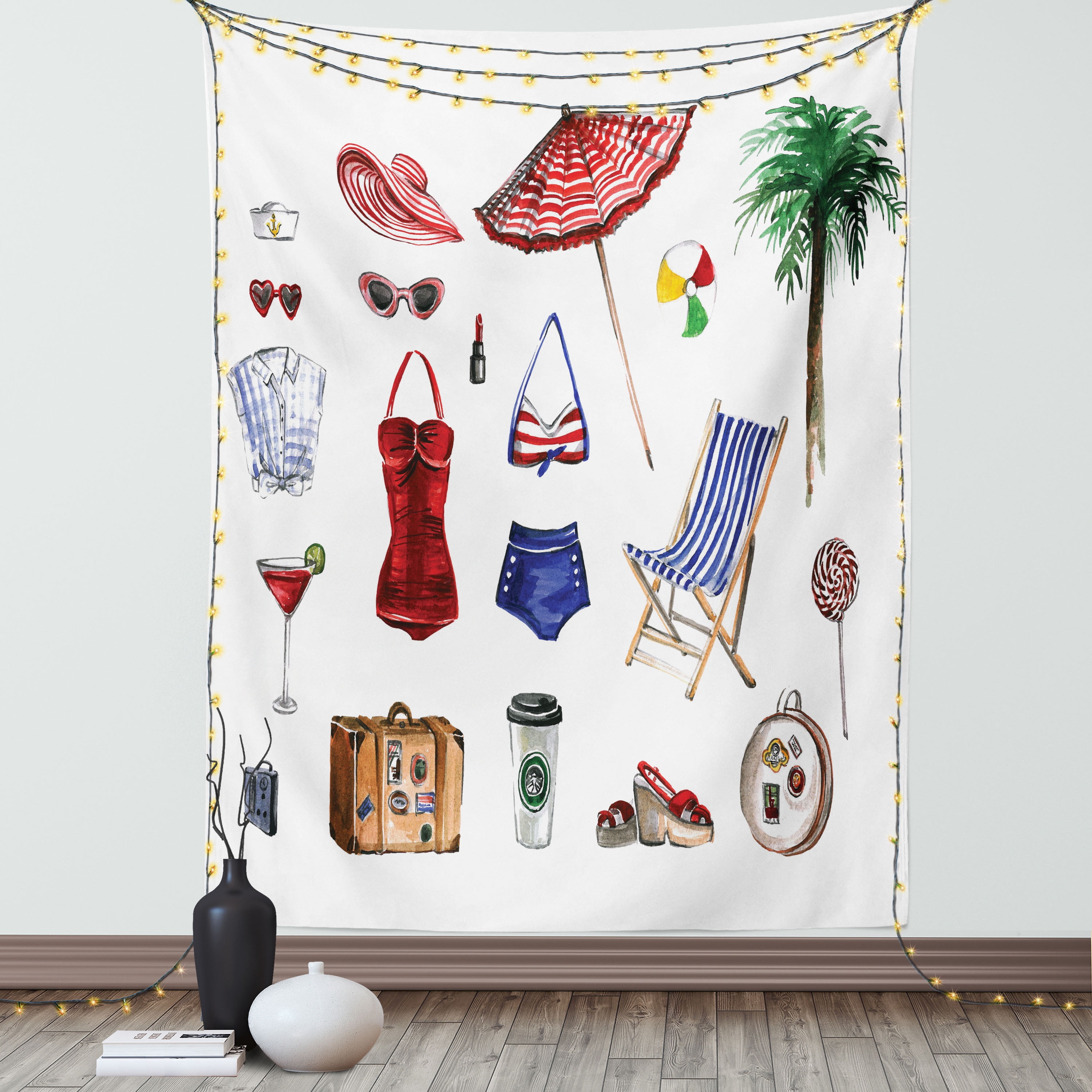 Girly Decor Tapestry, Nostalgic Female Beach Fashion Object Solar ...