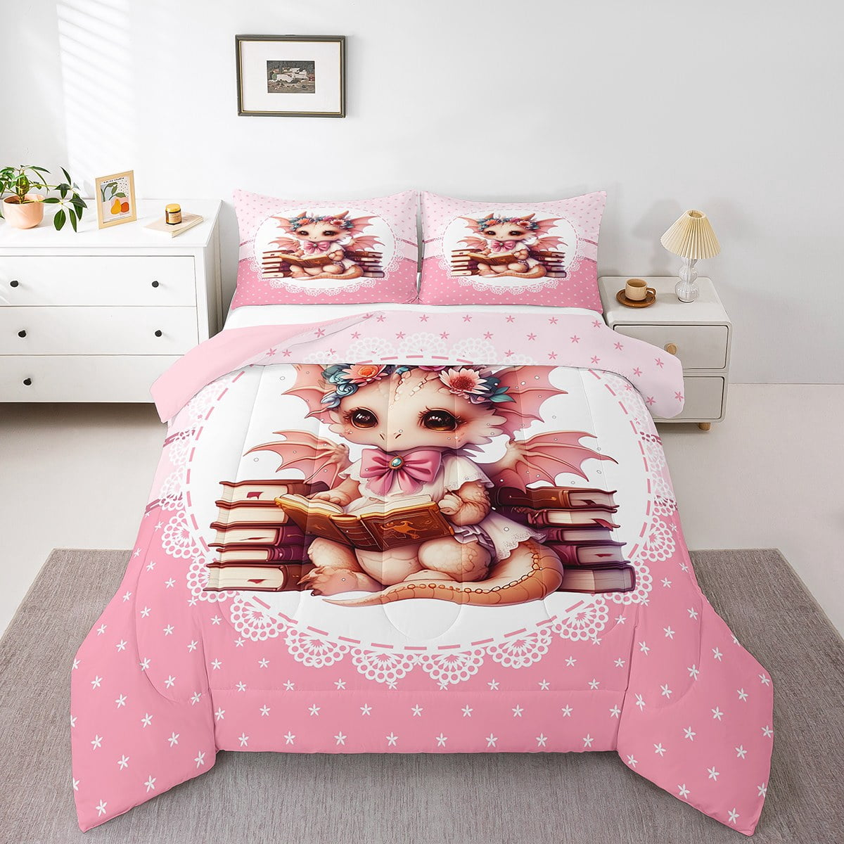 Girly Dragon Comforter Set 2 Pcs,Cute Bowknot Princess Tale Bedding Set ...