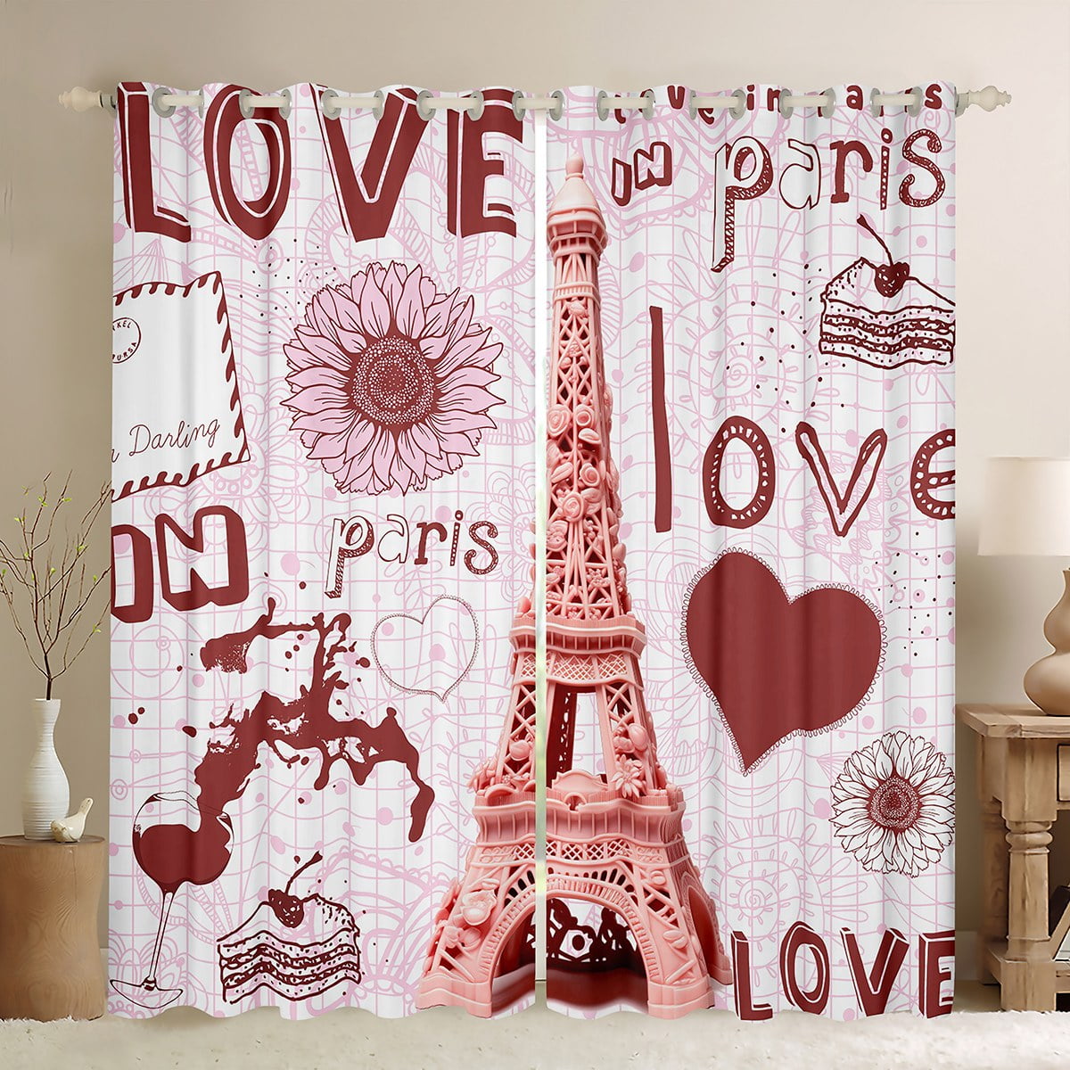 Girly Eiffel Tower Blackout Curtains Paris Theme Valentine's Day Gifts Curtains, Romance Floral ...