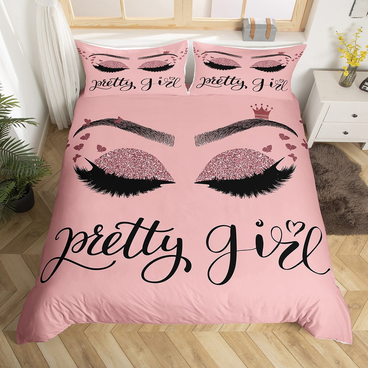 Girly Eyelash Duvet Cover,Unicorn Eyelash Bedding Set for Women,Elegant ...