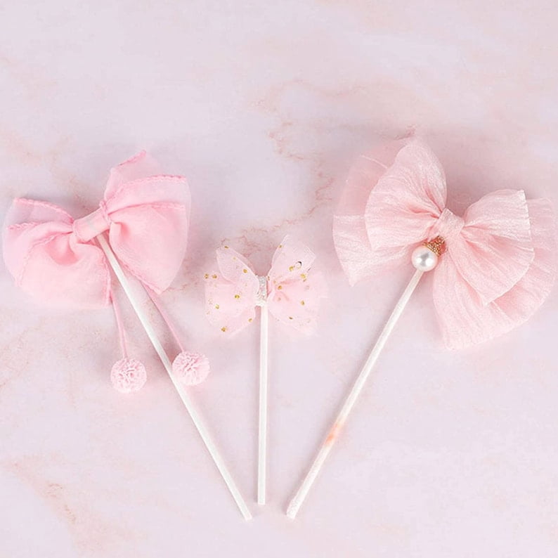 Girly Fancy Cake Topper Pink Bows 3 Piece Set Whimsical 1st Birthday ...