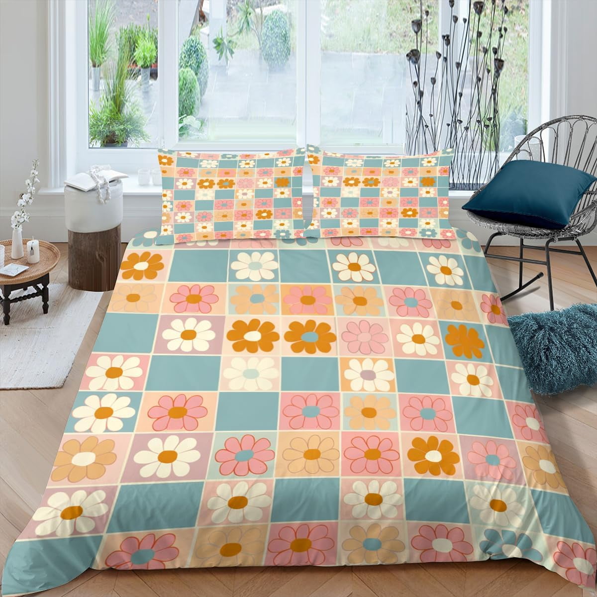 Girly Floral ComforterRetro Grid Duvet Insert Kawaii Flower Bedding ...