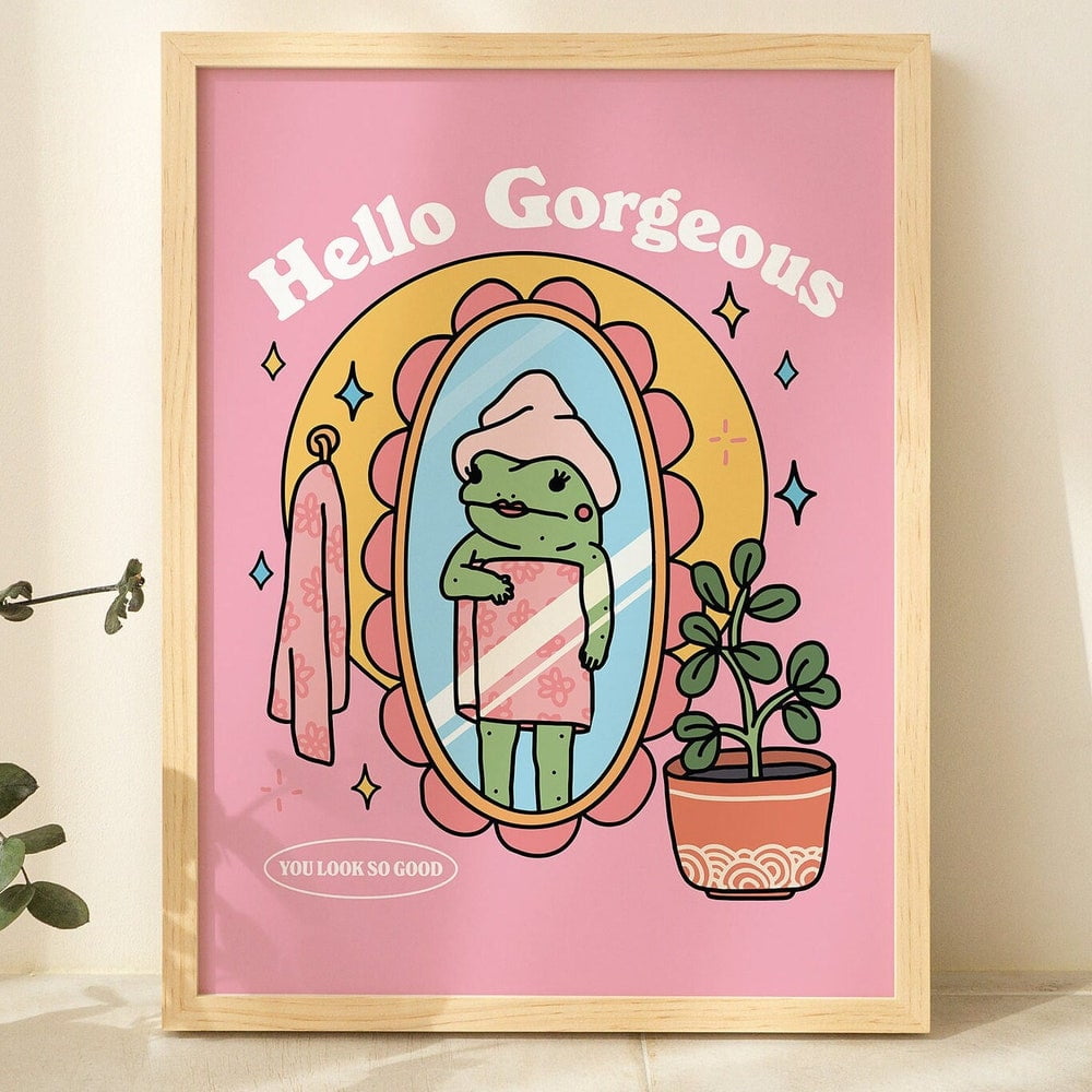 Girly Frog Self Love Wall Print, Positivity Hello Gorgeous Quote, Pink ...