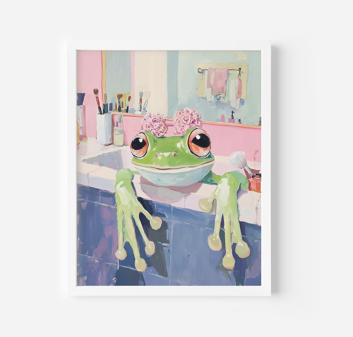 Girly Frog in Bathtub Art: Pink Retro Bathroom Poster, Unframed Poster ...