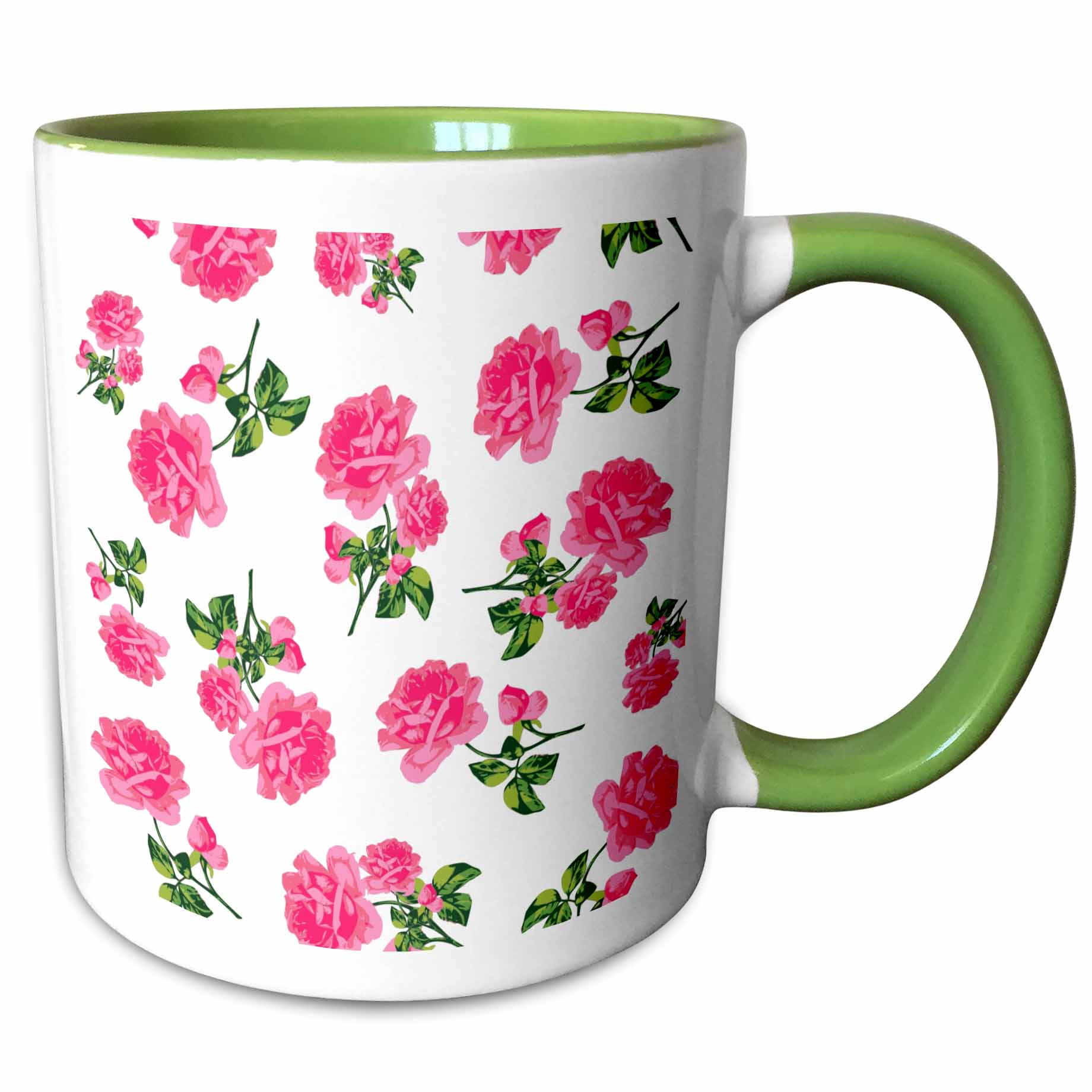 Girly Hot Pink Roses Floral Pattern on White 15oz Two-Tone Green Mug ...