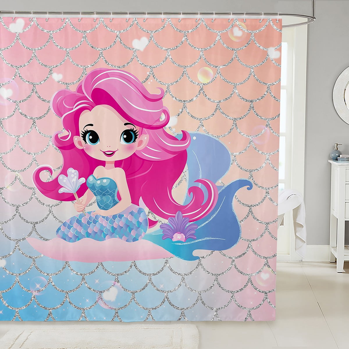 Girly Mermaid Fabric Shower Curtain Pink And Blue Mermaid Fish Scale ...