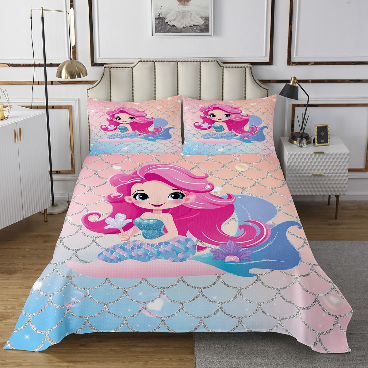 Girly Mermaid Quilt Set Queen Size Pink and Blue Mermaid Fish Scale ...
