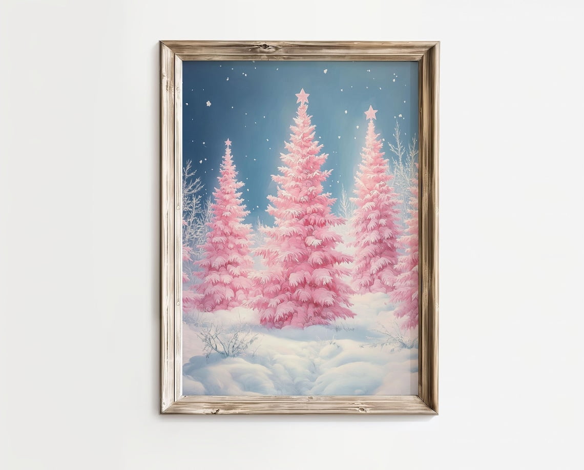 Girly Pastel Pink Tree Poster | Winter Snowywall Decor In Bright Blue ...