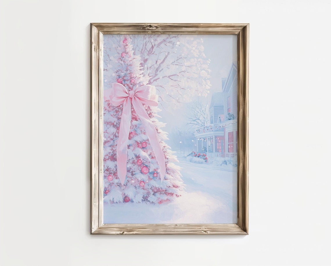 Girly Pastel Tree Village Poster | Winter Snowy Art Decor Forwall Art ...