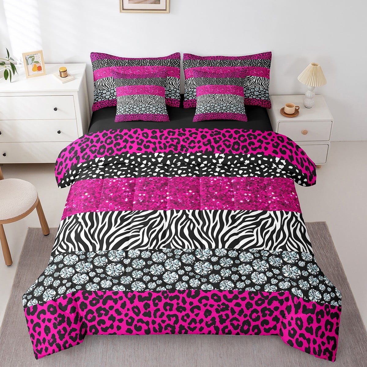 Girly Pink Cheetah Print Comforter Set Queen, Rustic Cheetah Zebra ...
