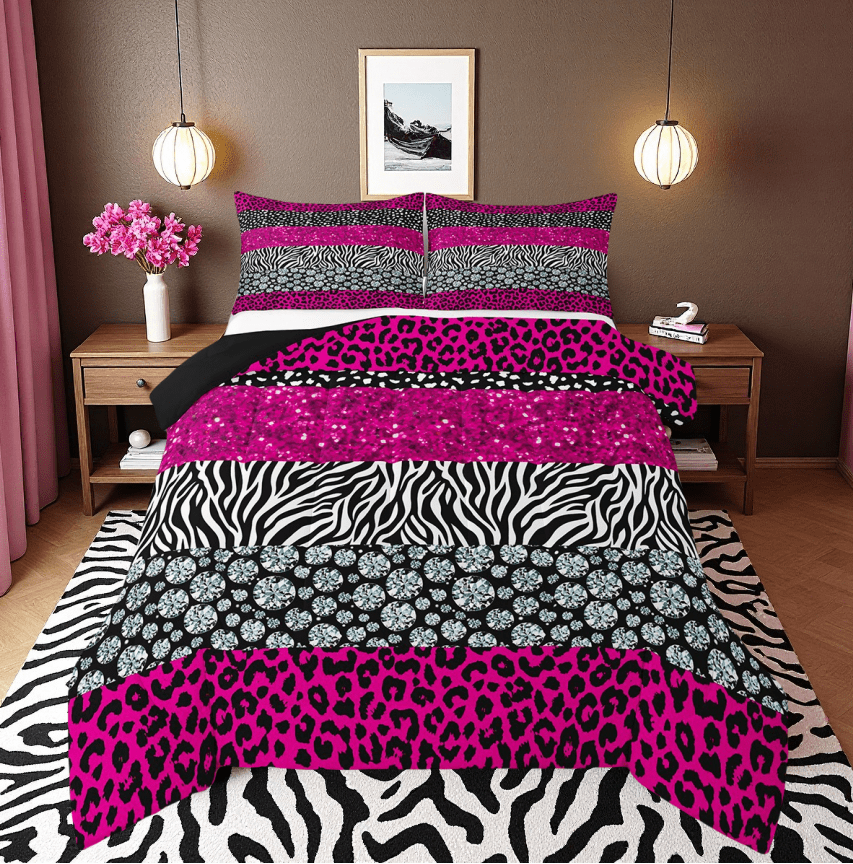 Girly Pink Cheetah Print Comforter Set, Rustic Cheetah Zebra Animal ...