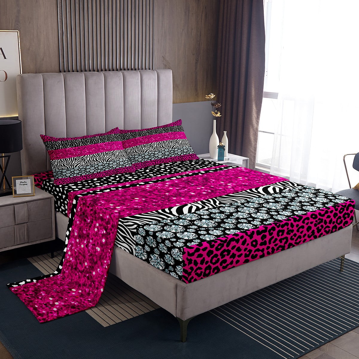 Girly Pink Cheetah Print Sheets, Rustic Cheetah Zebra Animal Patchwork Print Bed Sheets Set ...