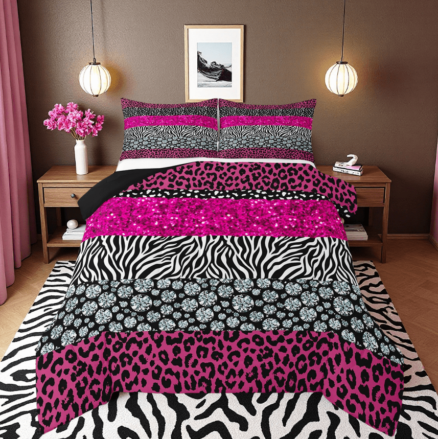 Girly Pink Glitter Leopard Print Comforter Set, Watercolor Diamond ...