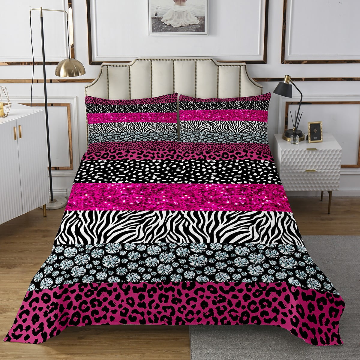 Girly Pink Glitter Leopard Print Coverlet Set Queen, Watercolor Diamond ...