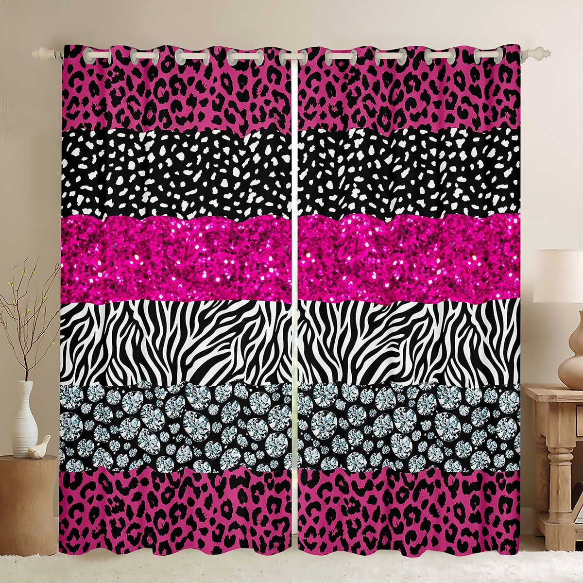 Girly Pink Glitter Leopard Print Curtains, Watercolor Diamond Sequins ...