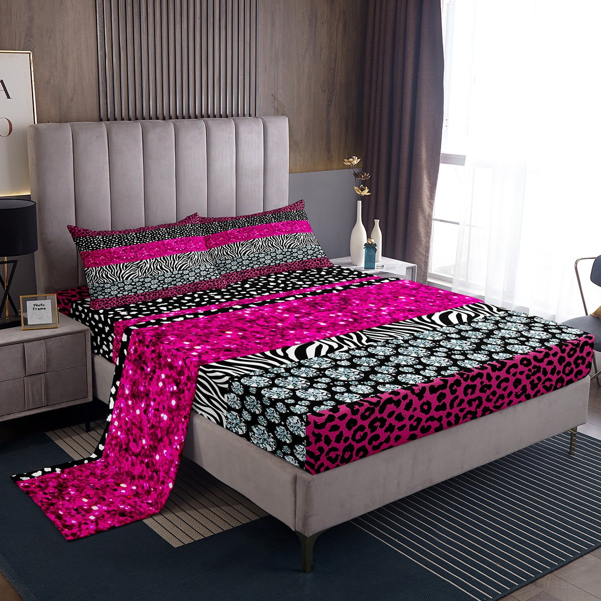 Girly Pink Glitter Leopard Print Sheets Queen, Watercolor Diamond ...