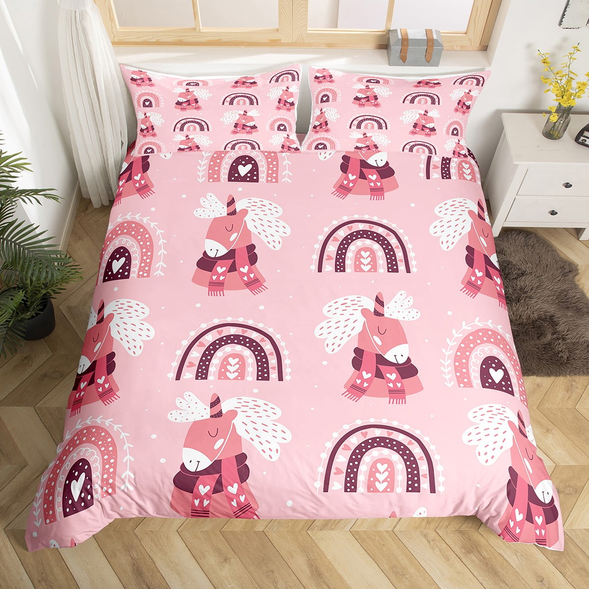 Girly Pink Rainbow Bedding Set Cartoon Horse Print Comforter Cover ...