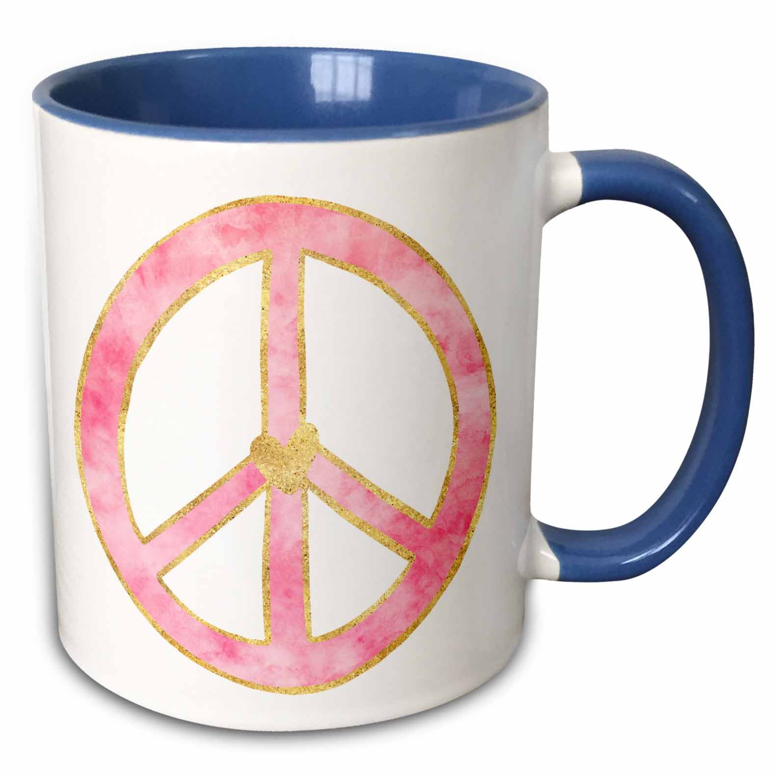 3drose, Girly Pink Watercolor Gold Heart Peace Sign, 15oz Two-tone Blue ...
