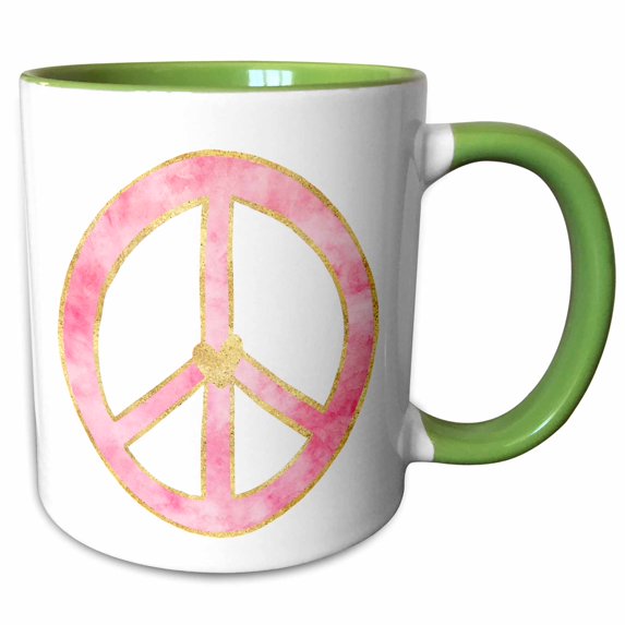 3drose, Girly Pink Watercolor Gold Heart Peace Sign, 15oz Two-tone ...