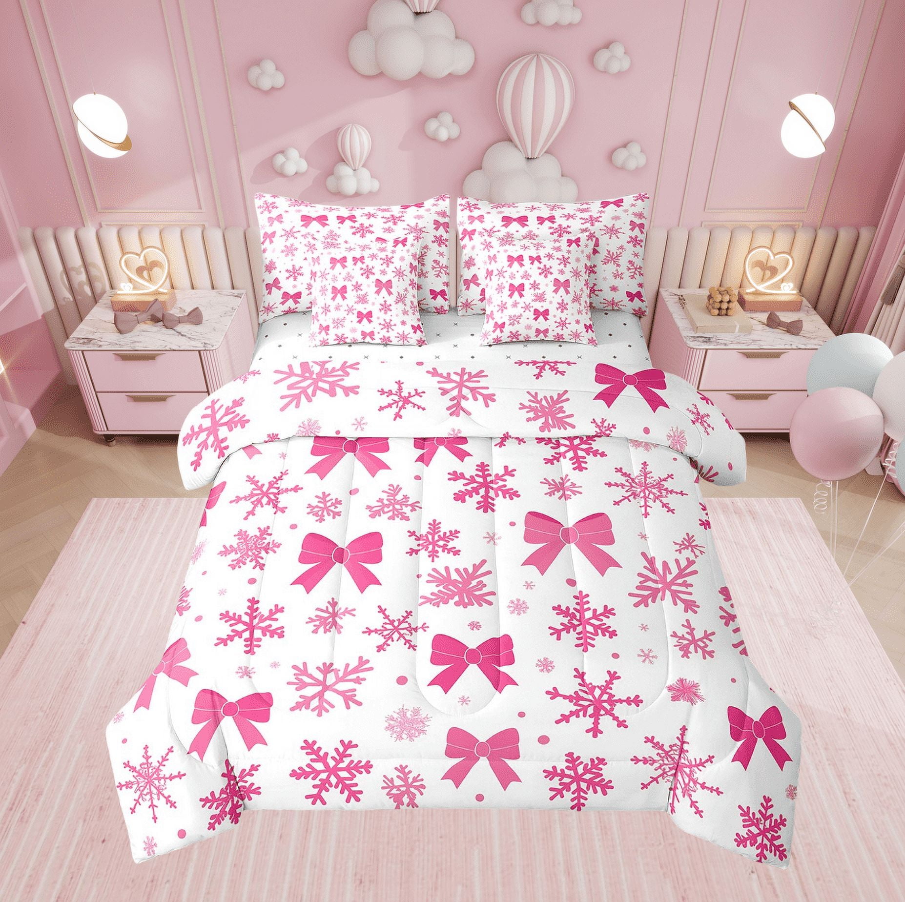 Girly Pink White Queen Comforter Set 7-Piece Dreamy Princess Bedding ...