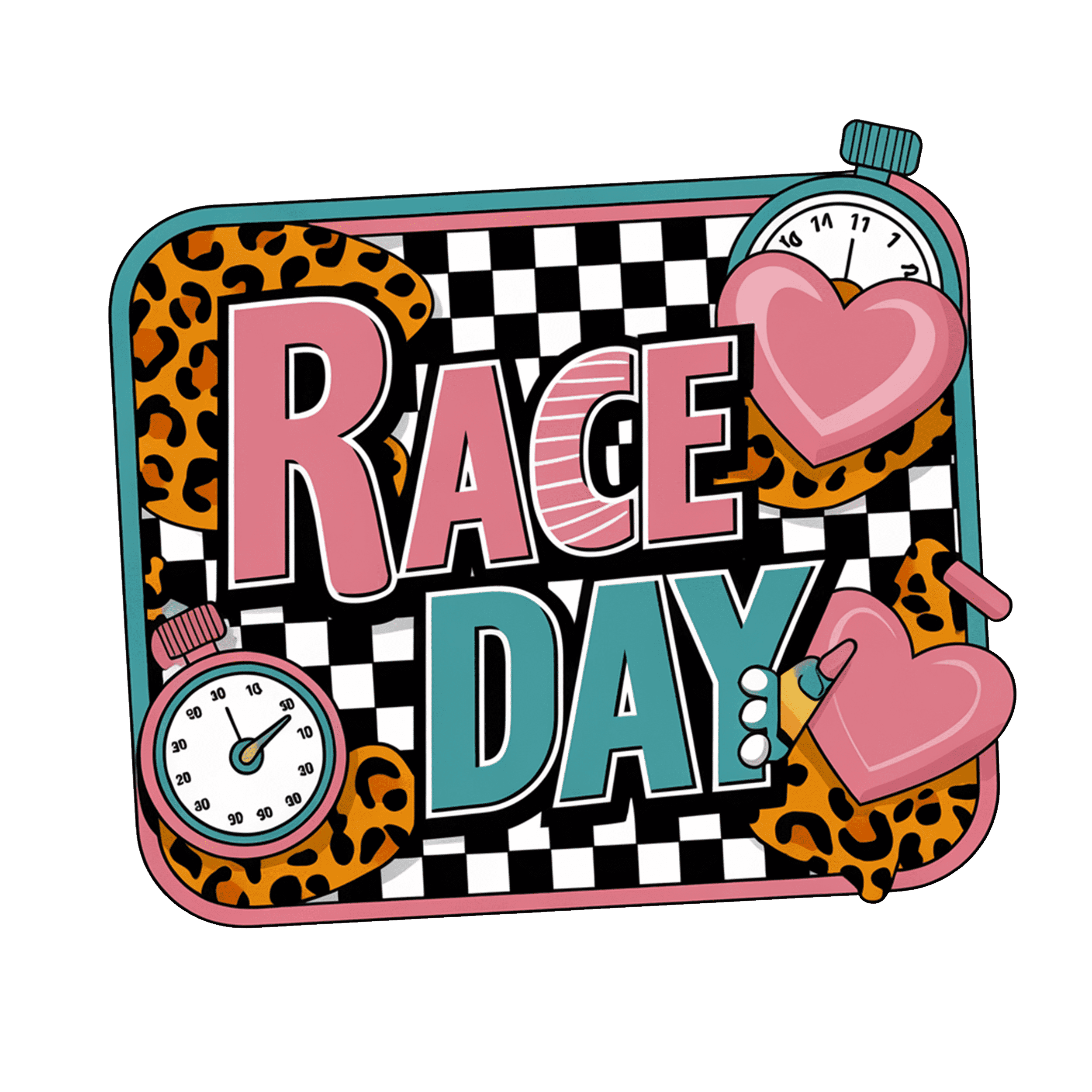 Girly Race Day Theme With Pink Heart Stopwatch Leopard Print & Black ...