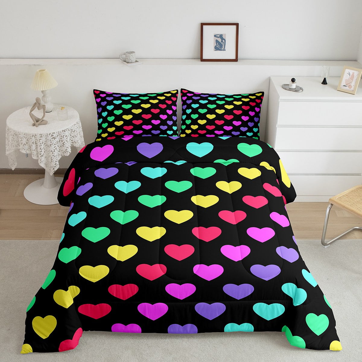Girly Rainbow Bedding Full for Girls Women Kawaii Heart Print Comforter ...