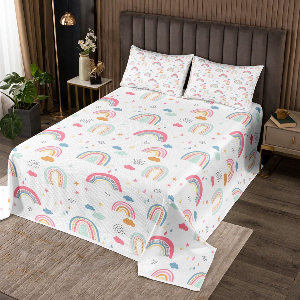 Girly Rainbow Bedspread Set Cartoon Rainbow Coverlet Set, King Size ...