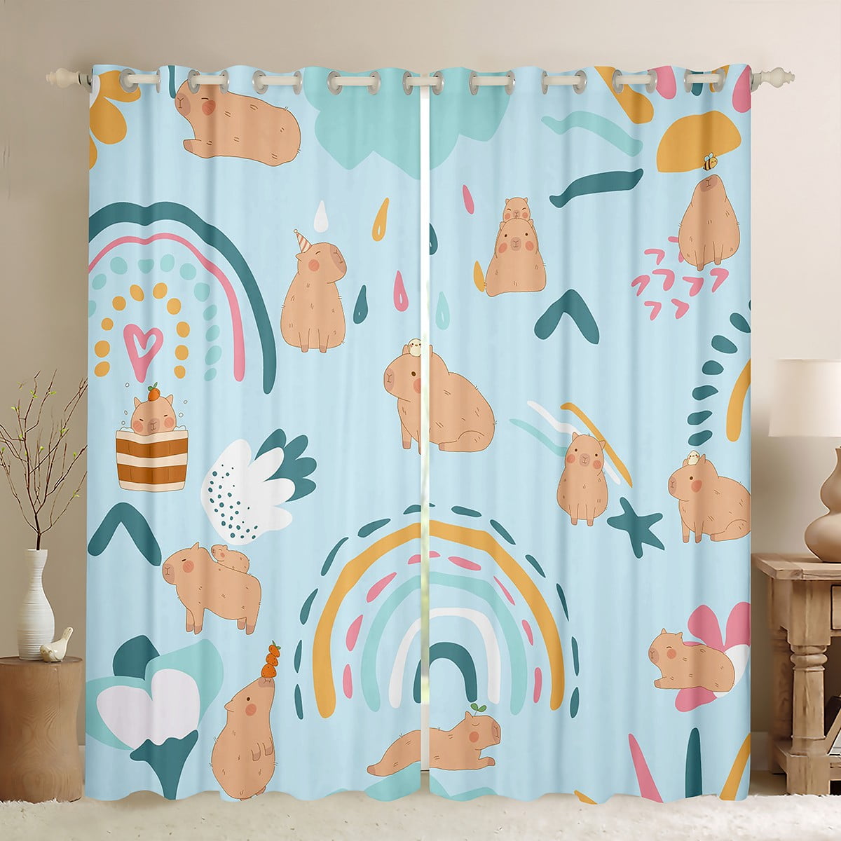 Girly Rainbow Blackout Curtains, Capybara Curtains 38"Wx45"L Cartoon ...