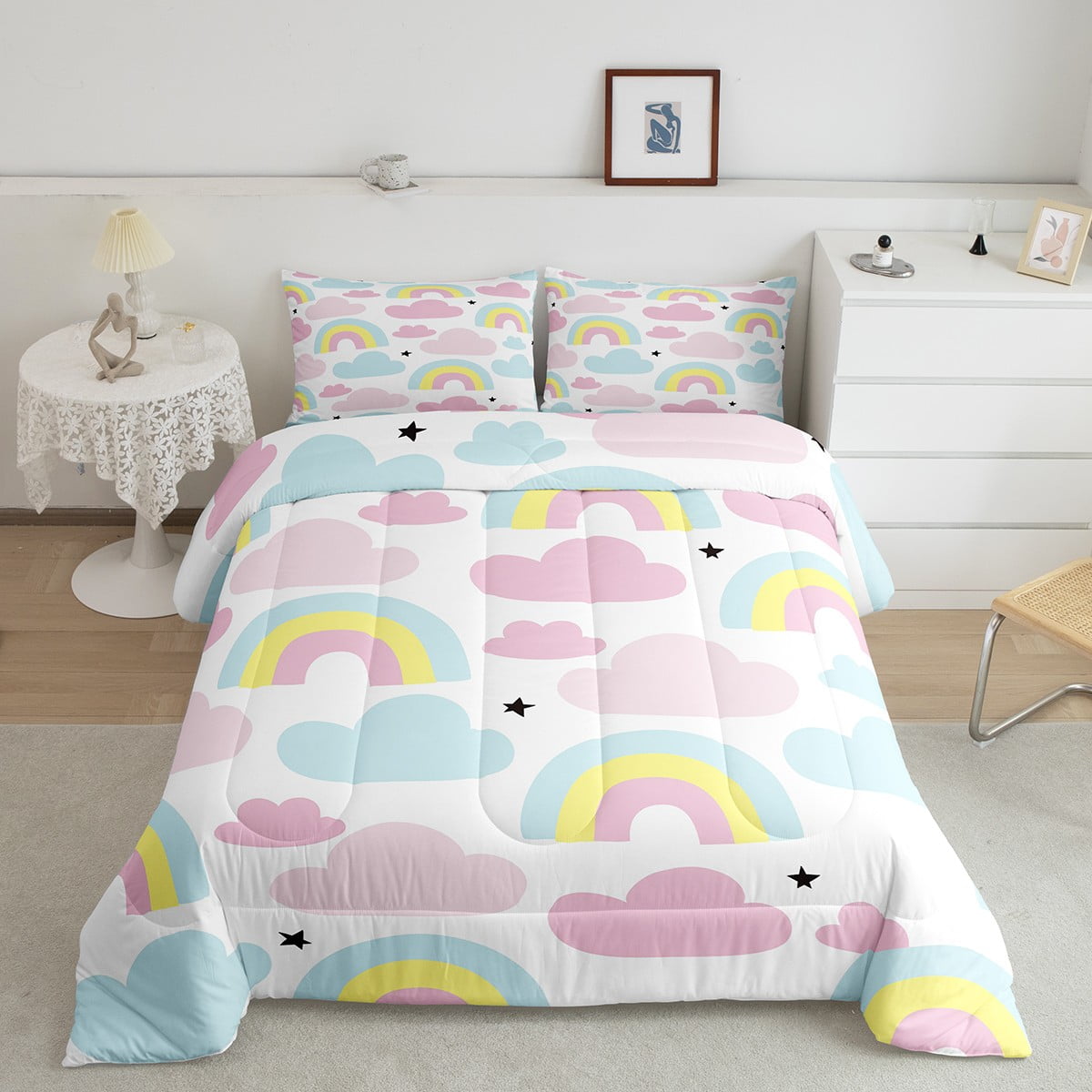 Girly Rainbow Clouds Bedding Kawaii Cloud Comforter Set 3 Pieces Pink ...