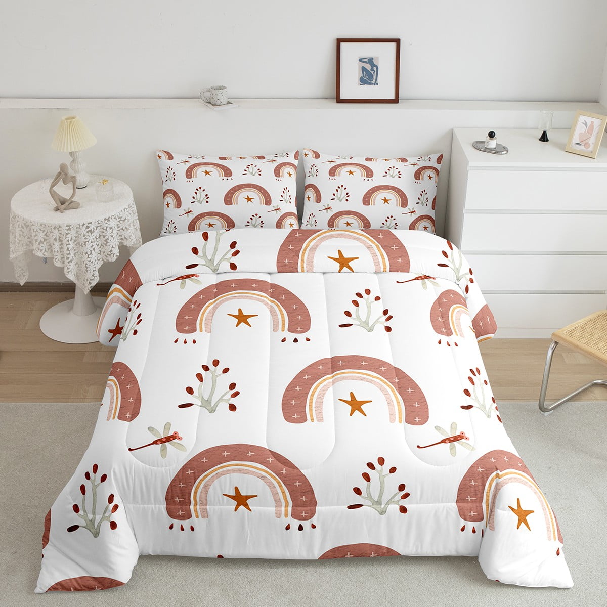 Girly Rainbow Comforter Set Boho Kids Bedding Cute Flying Dragonfly ...