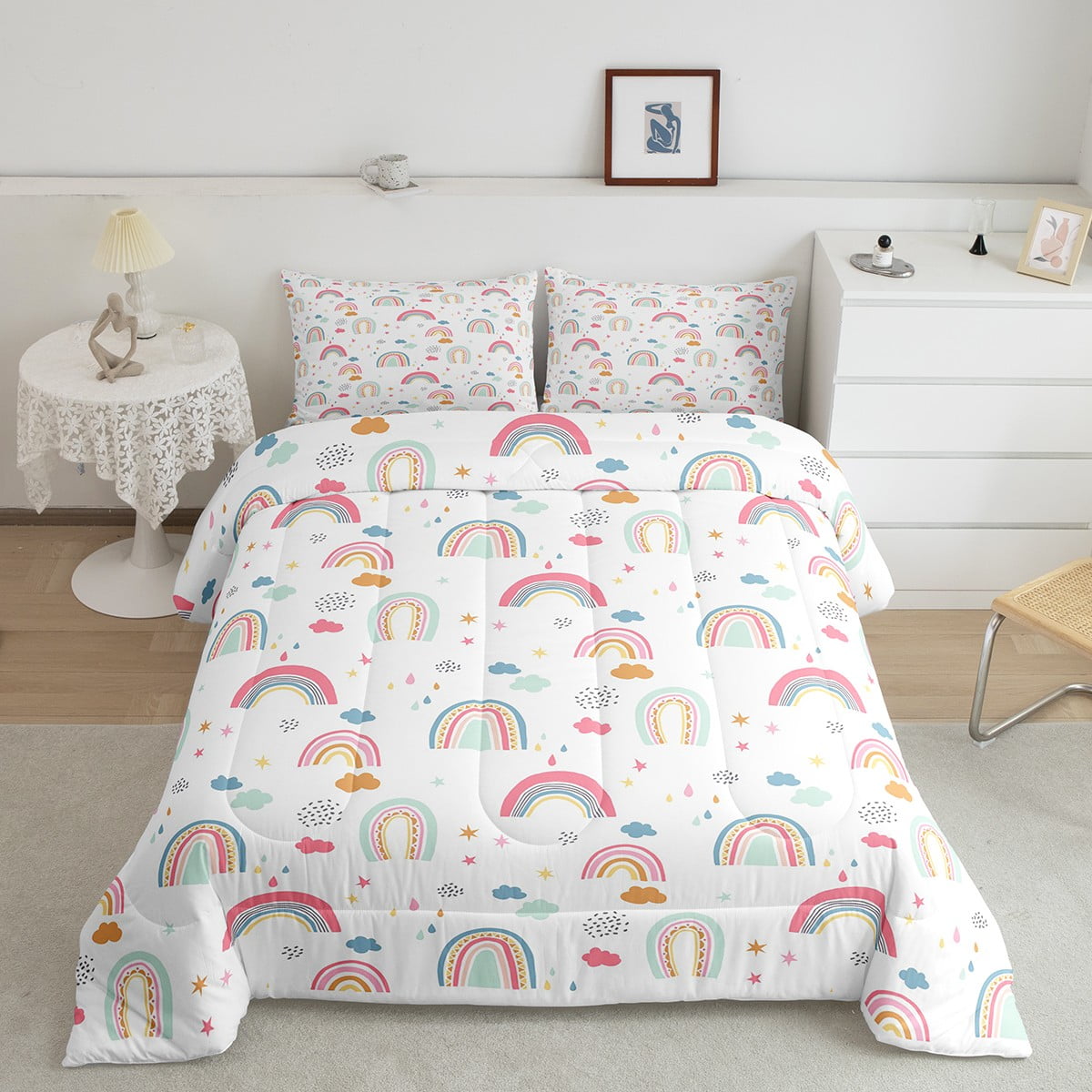 Girly Rainbow Comforter Set Cartoon Rainbow Bed Comforter Set, King ...
